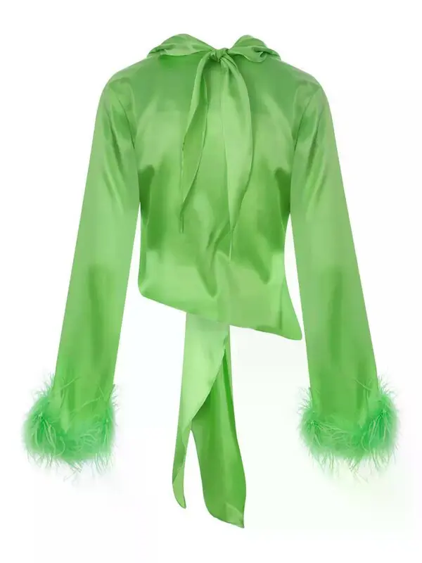 VERGUENZA Feather-trimmed Knotted Blouse - Green
