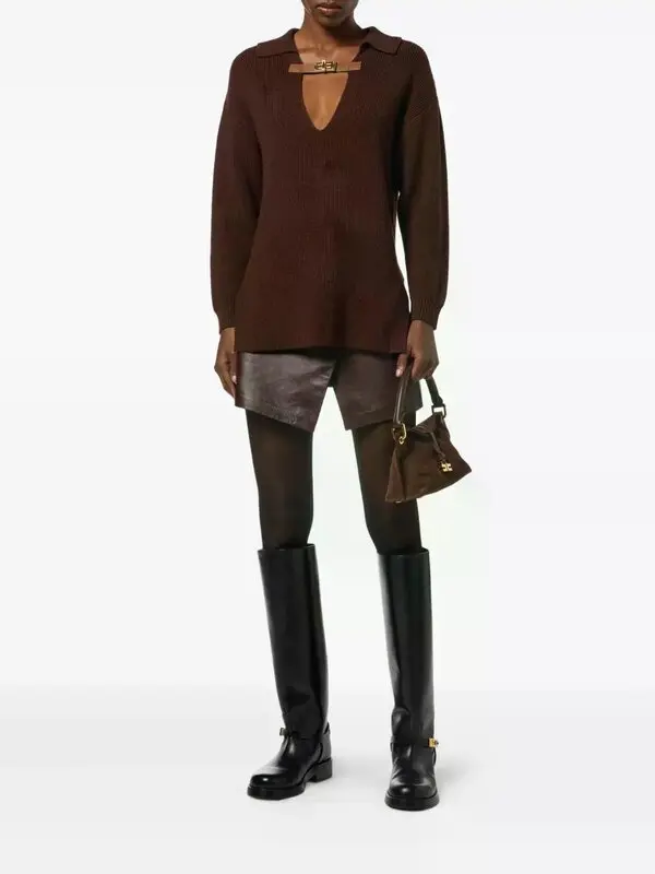 Elisabetta Franchi Buckle-detail Polo-collar Sweater - Brown