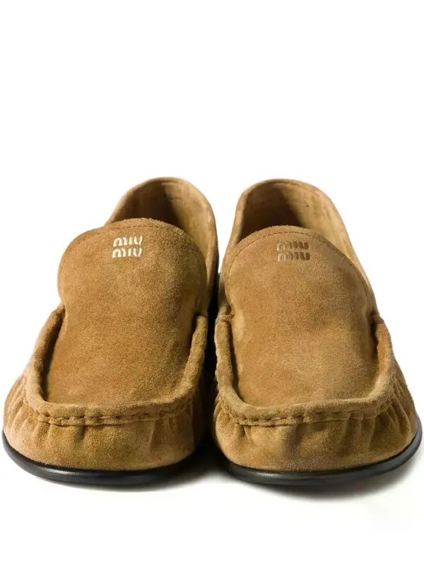 Miu Miu Embossed-logo Suede Loafers - Green