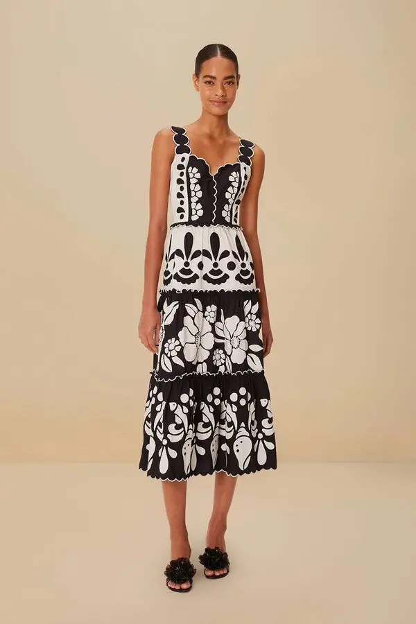 knee length dresses for ladies Summer Black And White Cutwork Midi Dress main image 1