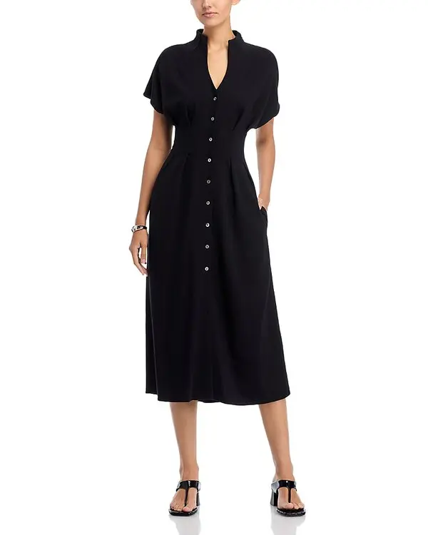 Misook Mock Neck Button Front Midi Dress - Black