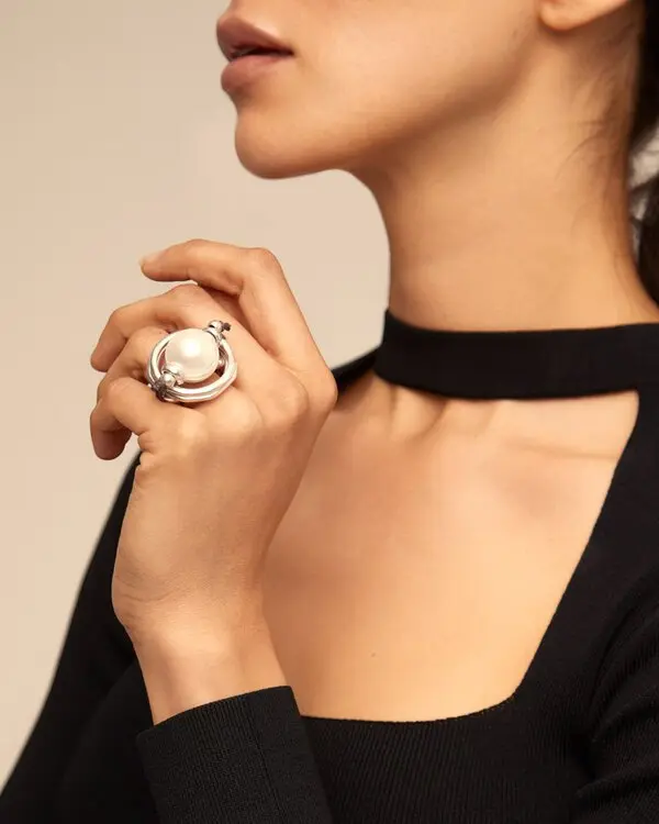 UNODE50 Sterling -plated Ring With Pearl And Leather Detail