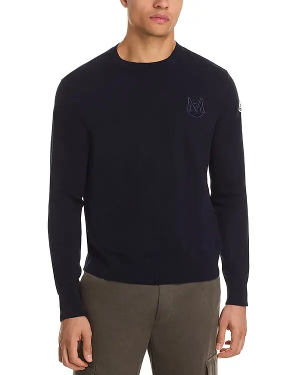 Moncler Embroidered Monogram Cotton Crewneck Sweater - Navy