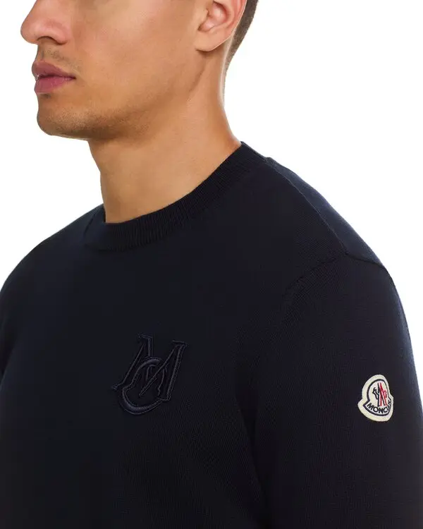 Moncler Embroidered Monogram Cotton Crewneck Sweater - Navy