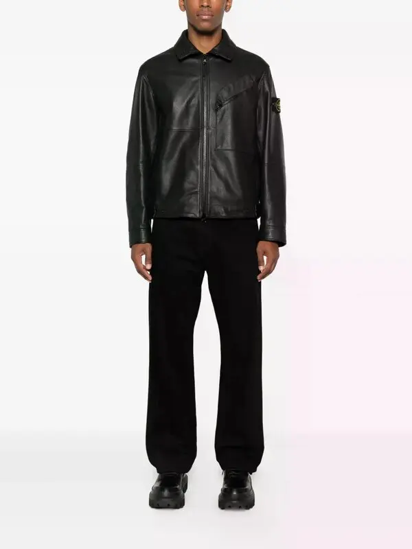 Stone Island Panelled Zip-Fastening Leather Jacket In Black - 34