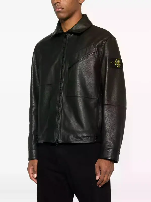 Stone Island Panelled Zip-Fastening Leather Jacket In Black - 34