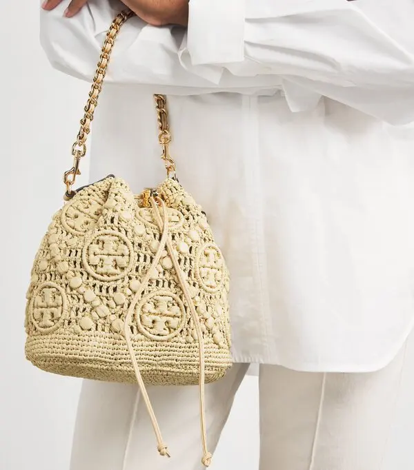 Tory Burch Raffia Monogram Bucket Bag