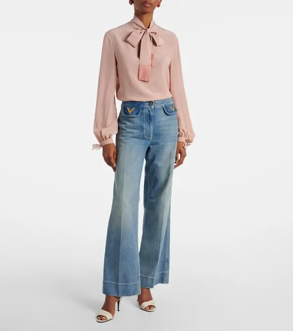 Valentino Garavani Vgold Mid-rise Wide-leg Jeans - Blue