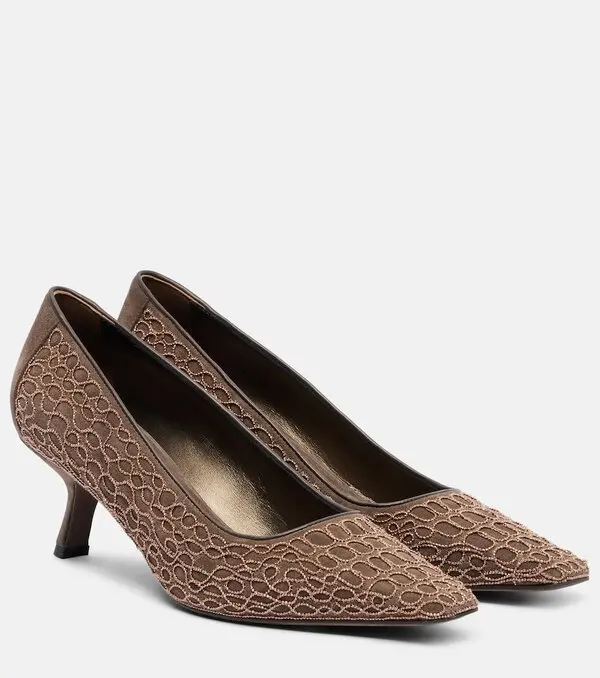 Brunello Cucinelli Embellished Suede Pumps - Brown