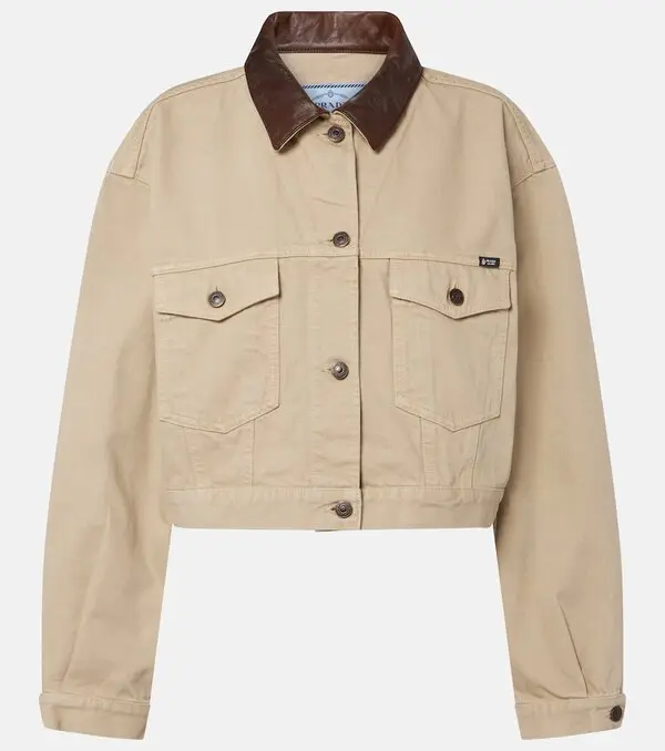 Prada Leather-trimmed Cropped Denim Jacket - Beige