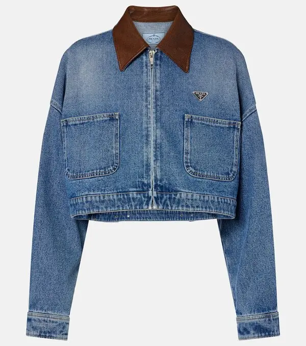 Prada Leather-trimmed Cropped Denim Jacket - Blue