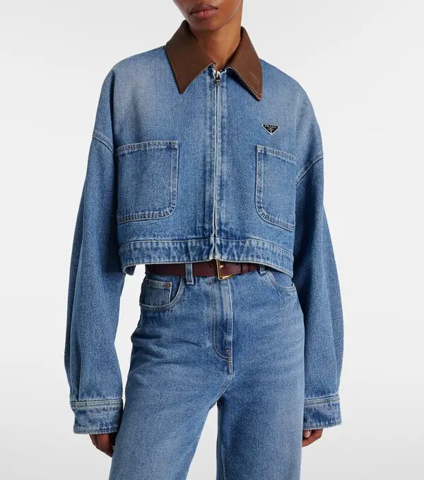 Prada Leather-trimmed Cropped Denim Jacket - Blue