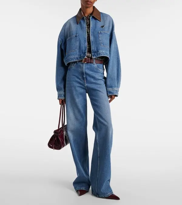Prada Leather-trimmed Cropped Denim Jacket - Blue