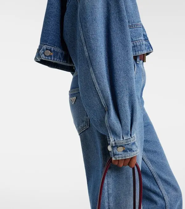 Prada Leather-trimmed Cropped Denim Jacket - Blue