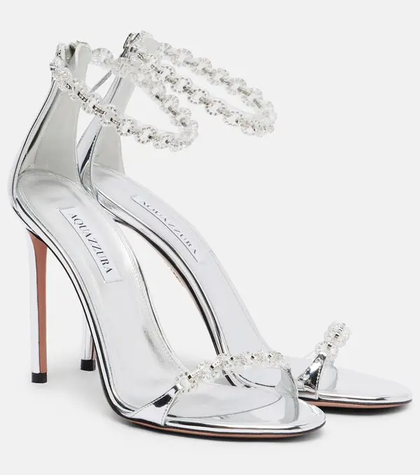 AQUAZZURA Bijoux 105 Embellished Metallic Leather Sandals - Silver