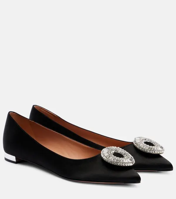 AQUAZZURA Crystal Embellished Satin Pointed Toe Ballet Flats - Black