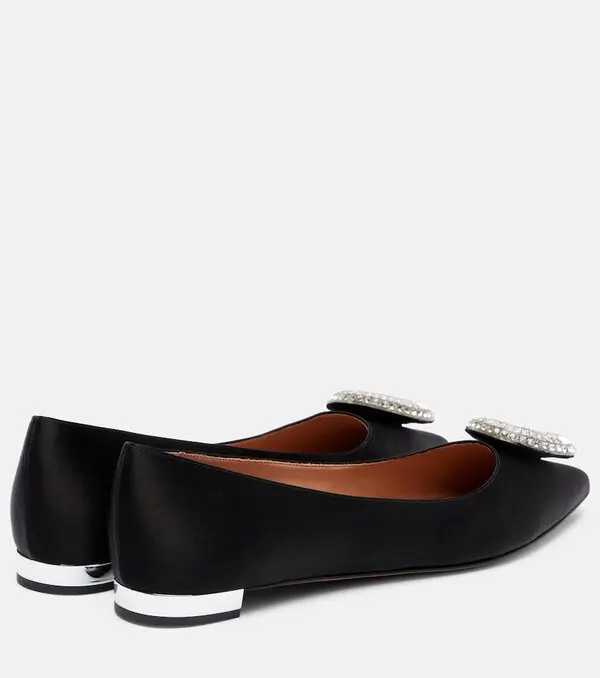 AQUAZZURA Crystal Embellished Satin Pointed Toe Ballet Flats - Black