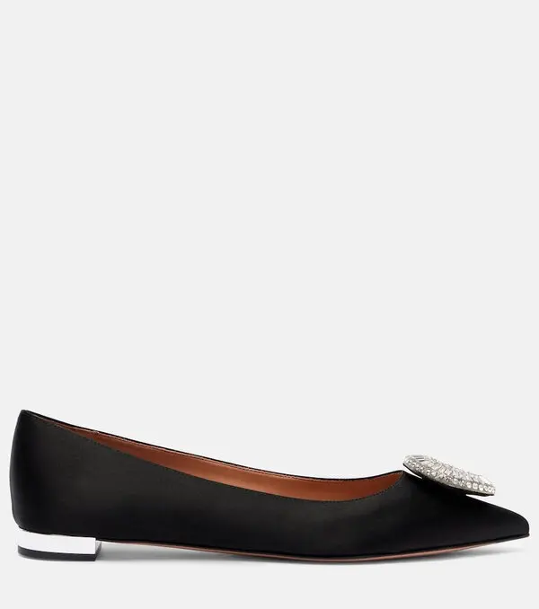 AQUAZZURA Crystal Embellished Satin Pointed Toe Ballet Flats - Black