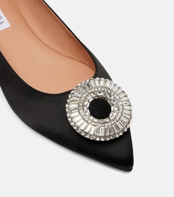 AQUAZZURA Crystal Embellished Satin Pointed Toe Ballet Flats - Black