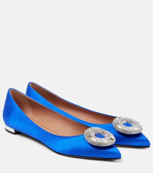 AQUAZZURA Crystal Embellished Satin Pointed Toe Ballet Flats - Blue
