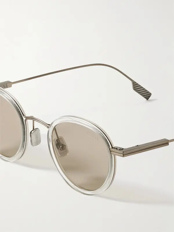 Zegna Round-frame Titanium And Acetate Sunglasses - Silver