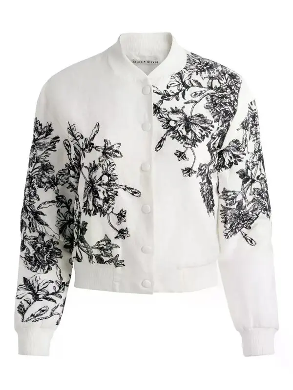 Alice + Olivia Floral Embroidered Bomber Jacket - White
