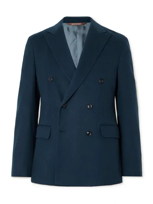 Canali Double-breasted Brushed Wool And Cashmere-blend Blazer - Blue