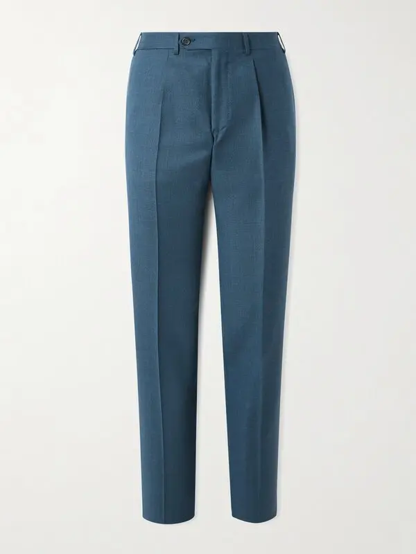 Canali Tapered Pleated Checked Wool Trousers - Blue