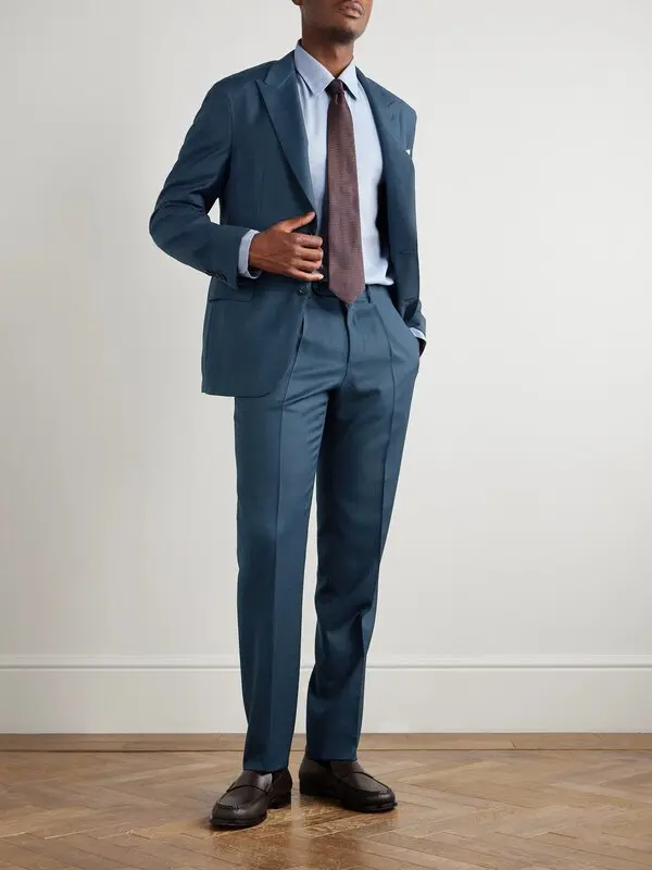 Canali Tapered Pleated Checked Wool Trousers - Blue