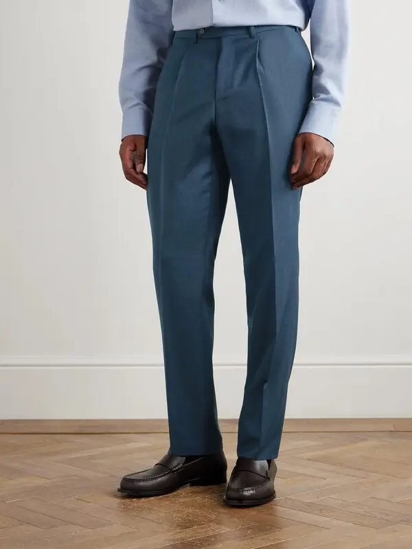 Canali Tapered Pleated Checked Wool Trousers - Blue