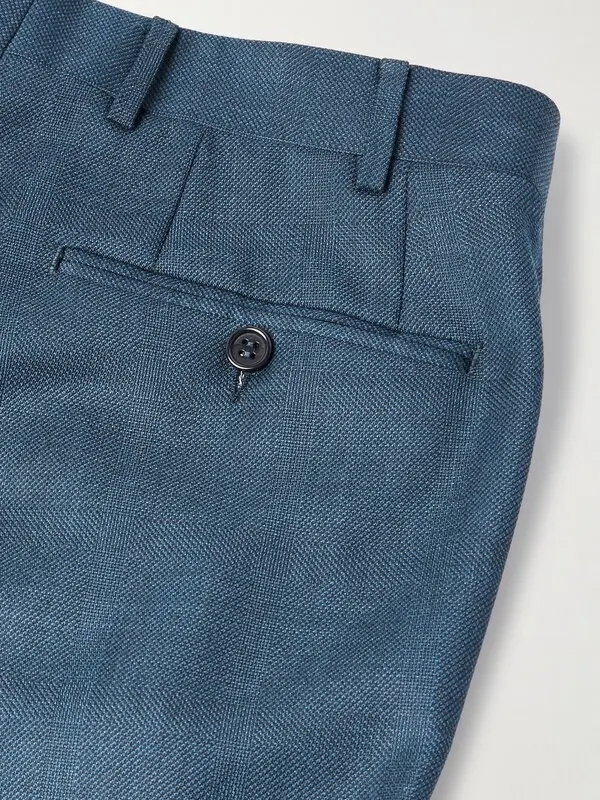 Canali Tapered Pleated Checked Wool Trousers - Blue