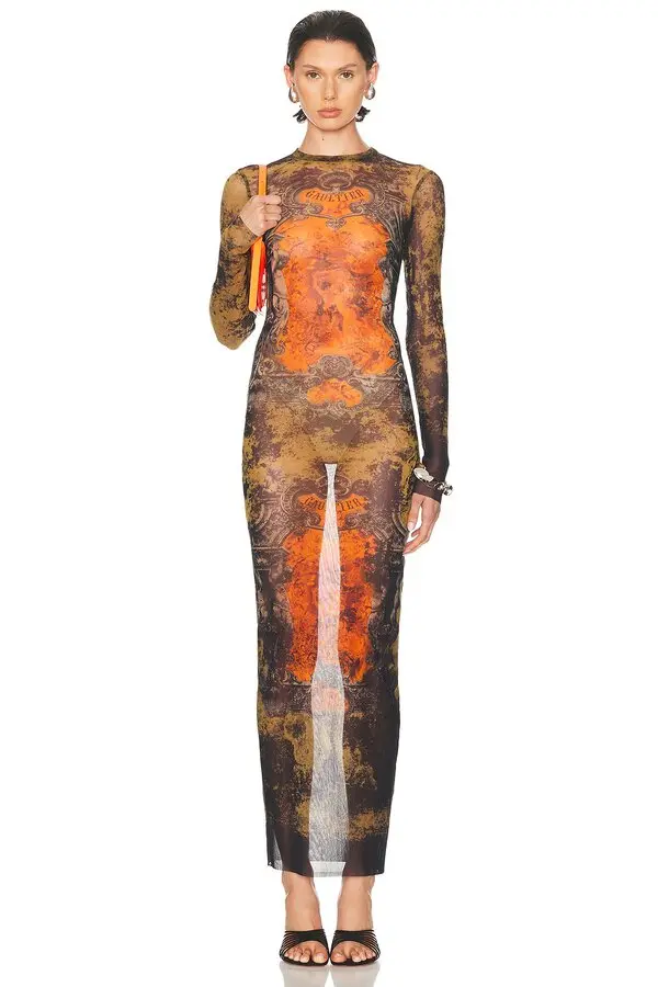 JEAN PAUL GAULTIER Médaillon Long Dress - Black  Khaki  & Orange