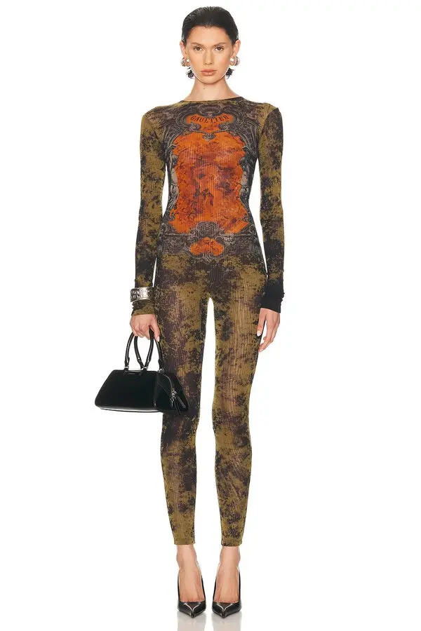 JEAN PAUL GAULTIER Médaillon Mesh Printed Catsuit - Black  Khaki  & Orange