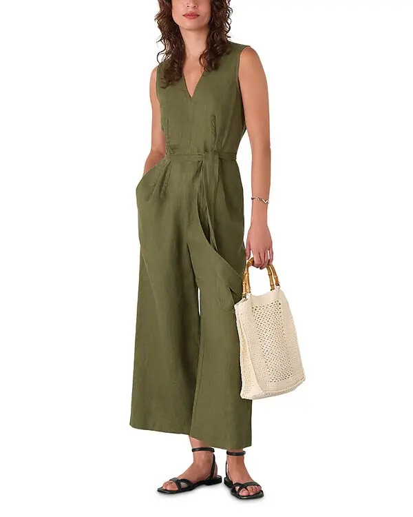 Whistles Petite Belted Seamed Linen Jumpsuit - Khaki