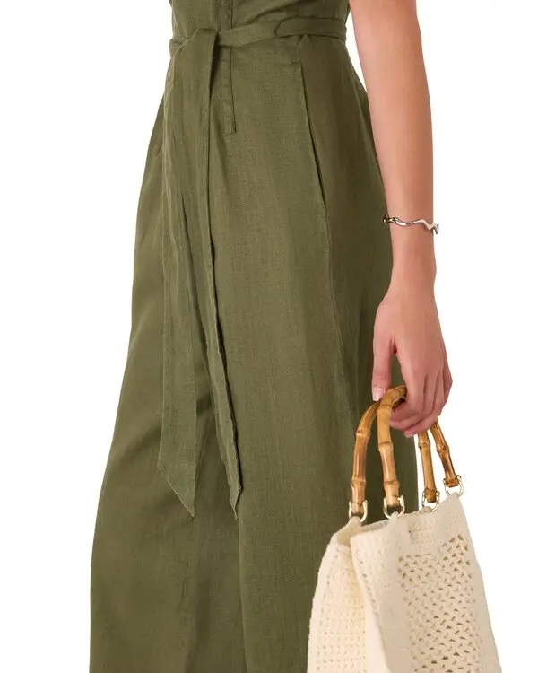 Whistles Petite Belted Seamed Linen Jumpsuit - Khaki