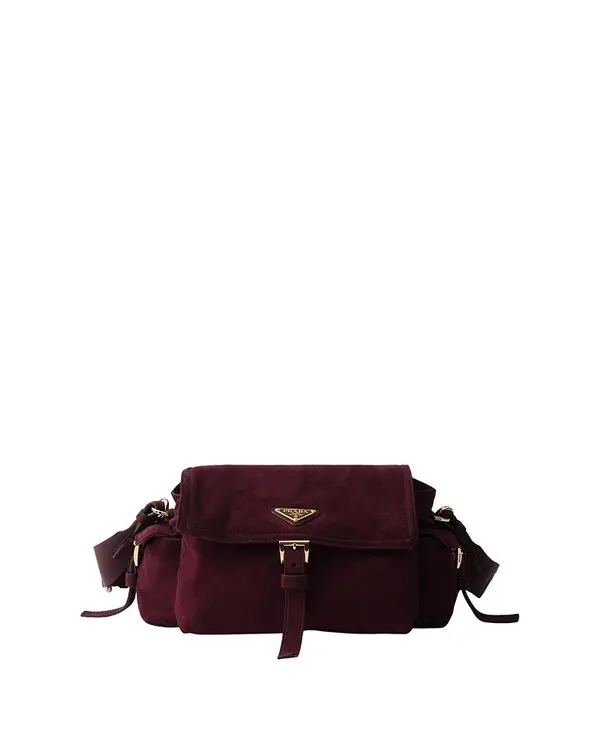 Prada Suede Shoulder Bag With Flap - Burgundy