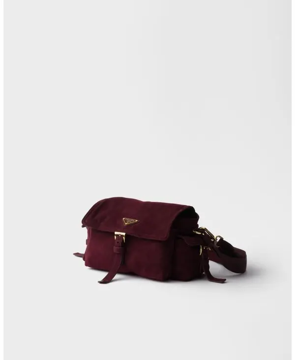 Prada Suede Shoulder Bag With Flap - Burgundy