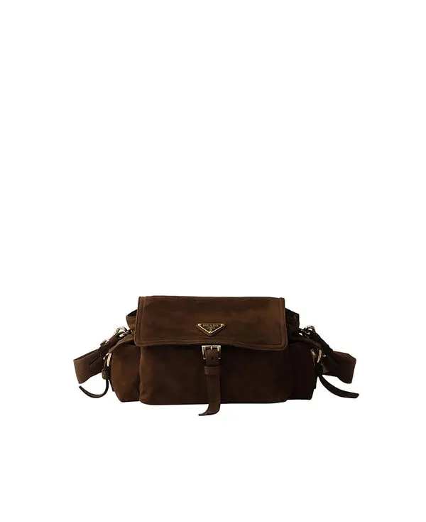 Prada Suede Shoulder Bag With Flap - Dark Brown