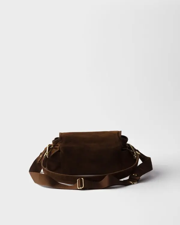 Prada Suede Shoulder Bag With Flap - Dark Brown