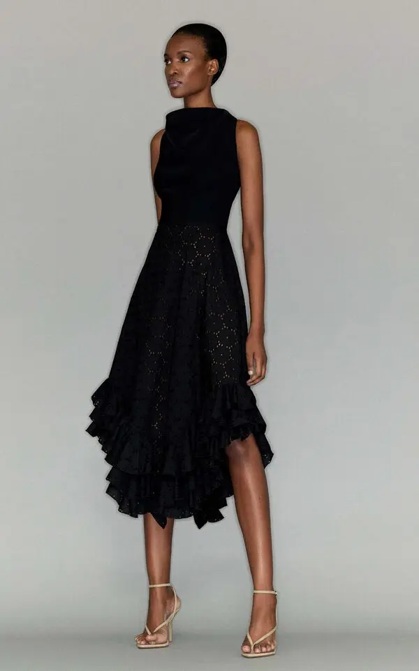 Greta Constantine Asymmetric Ruffled Dress - Black | Editorialist