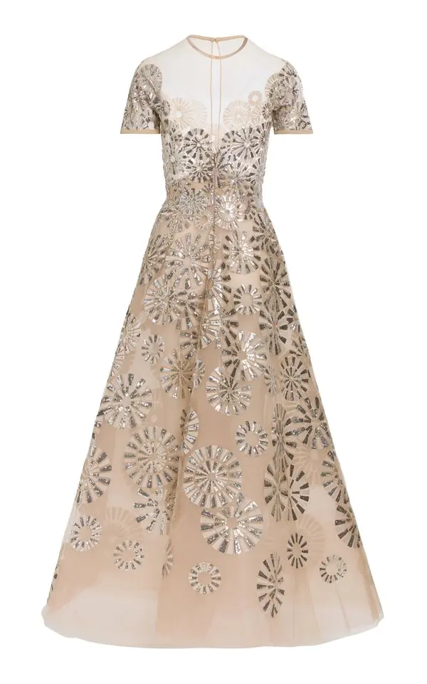 Elie Saab Sequins Embroidered Tulle Midi Dress - Silver | Editorialist