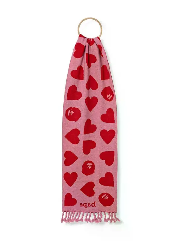 A BATHING APE Heart-pattern Fringed Scarf - Red