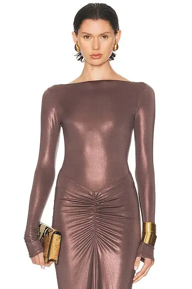 Lapointe Coated Jersey Boatneck Bodysuit - Mocha