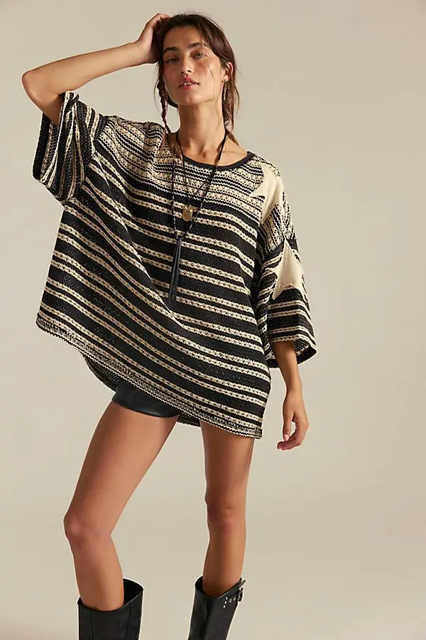 Free People Striped Crochet Tee