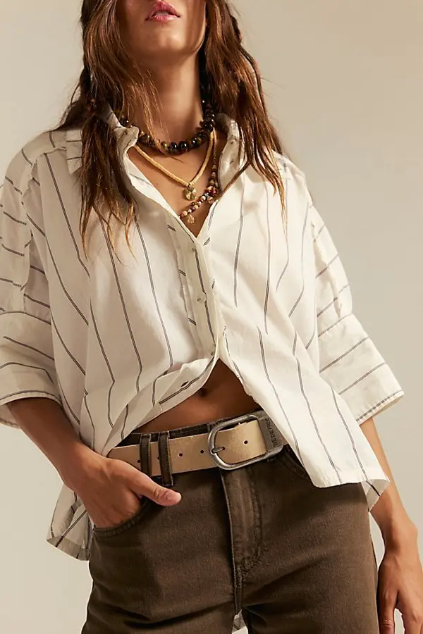 Free People We The Free Seaside Striped Shirt - Ivory Combo