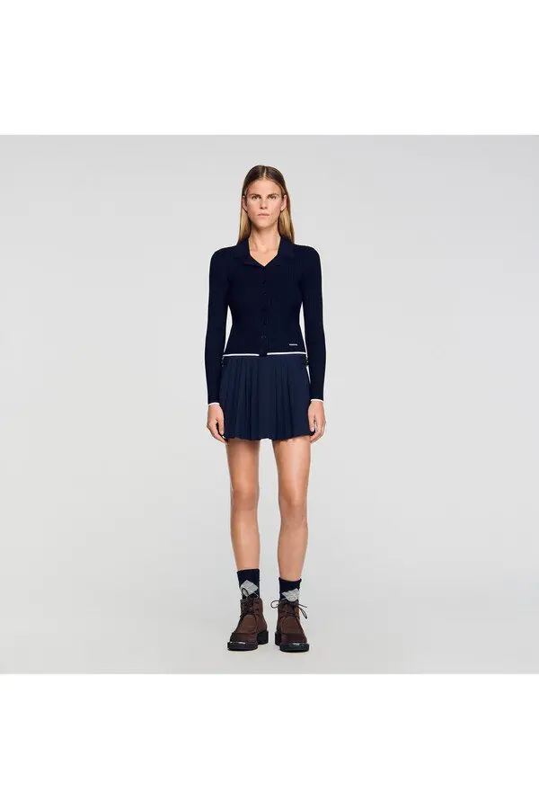 Sandro Cropped Polo Collar Cardigan - Blue / Navy