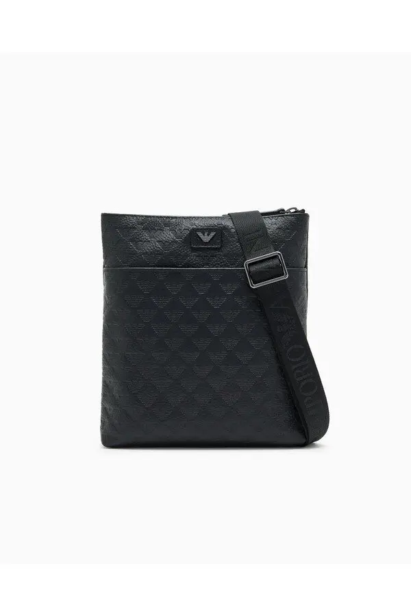Emporio Armani Flat Leather Shoulder Bag With Embossed Eagle - Black