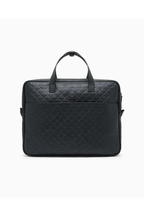 Emporio Armani Leather Business Bag With Embossed Eagle - Black