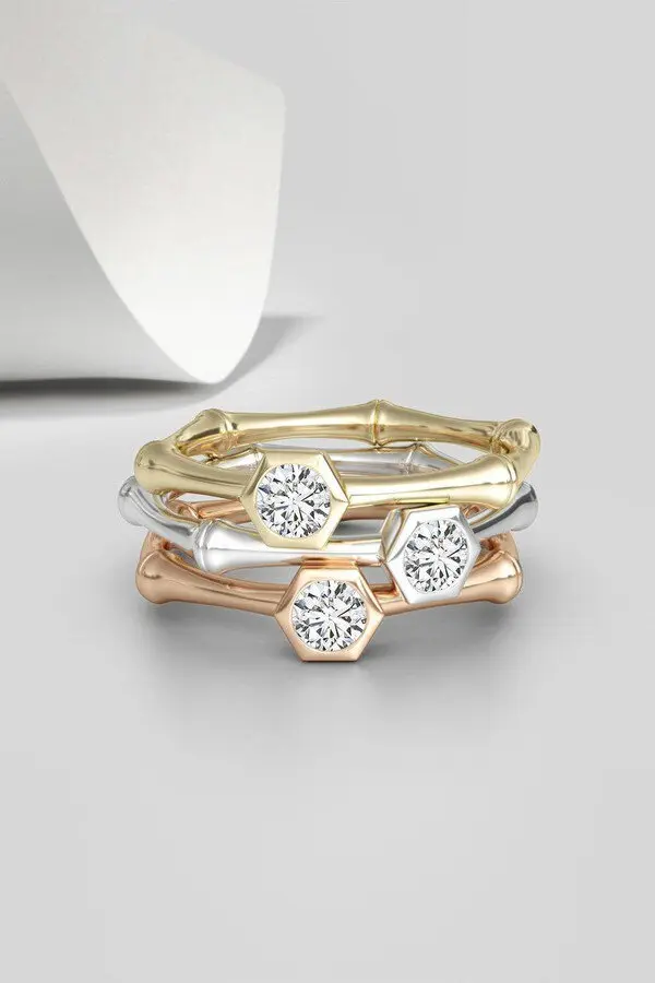 Natori Indochine 14k Hex Frame Diamond Solitaire Bamboo Ring - Gold