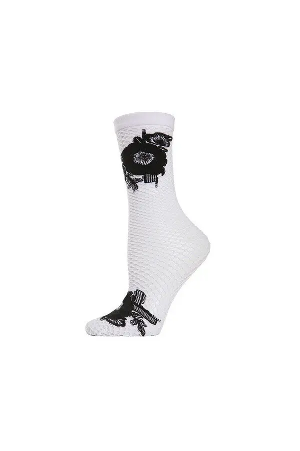 Natori Floral Applique Net Crew Socks - White